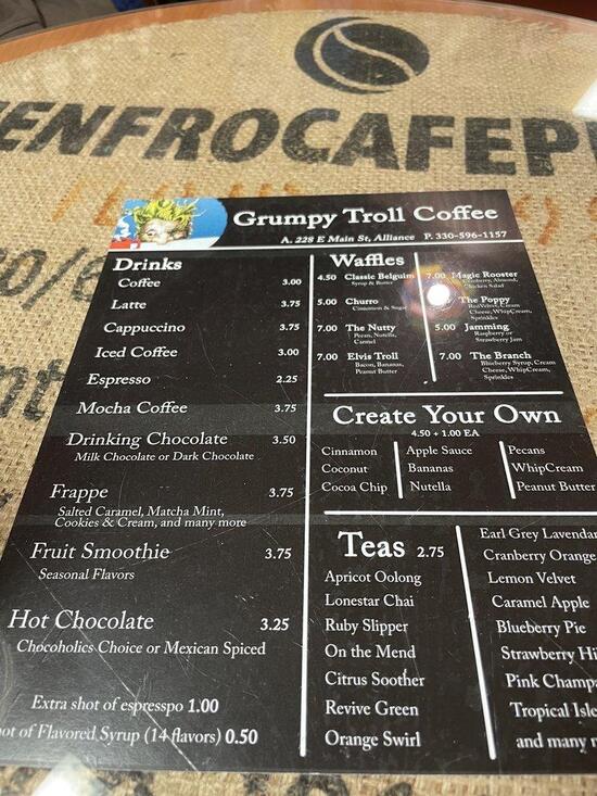 Menu at Grumpy Troll Coffee cafe, Alliance