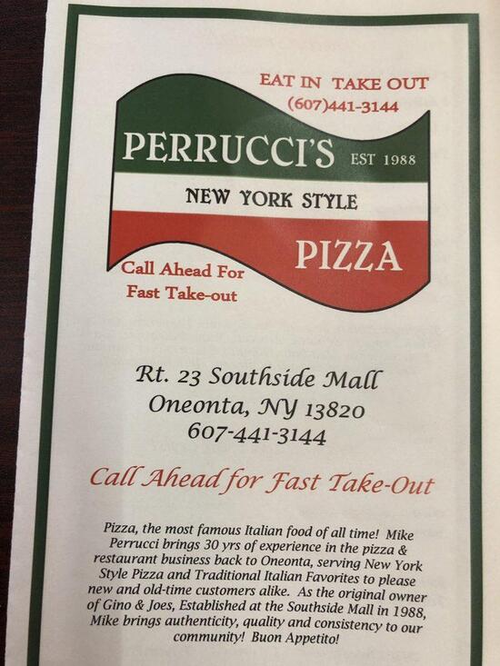 Menu at Perrucci's Pizza pizzeria, Oneonta