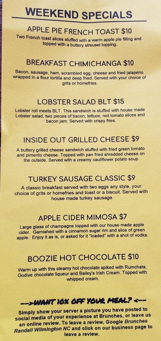 Menu at Brunches at Randall restaurant, Wilmington
