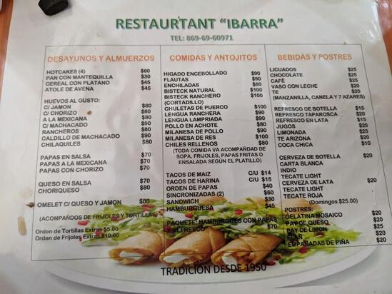 Carta de Restaurante ibarra, Cuatrociénegas