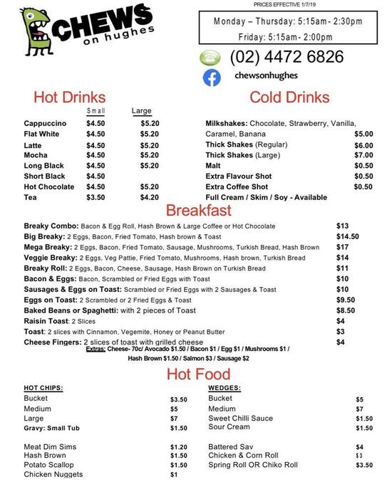 Menu at Chews on Hughes cafe, Batemans Bay