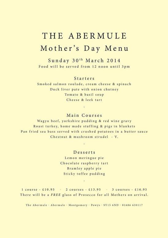Menu at The Abermule Inn restaurant, Abermule