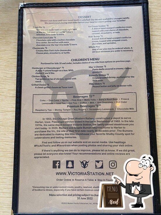 Menu at Victoria Station steakhouse, Harlan
