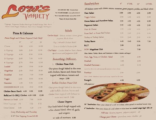 Menu at Low's Store pizzeria, Buxton, 40 Long Plains Rd