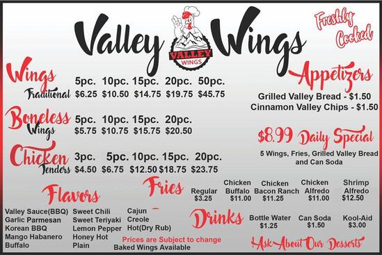 Menu at Valley Wings restaurant, Baton Rouge