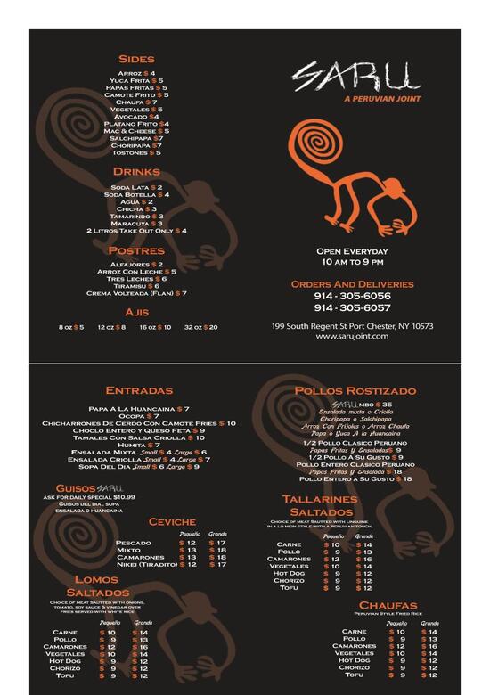 Menu at Saru Peruvian Joint restaurant, Port Chester