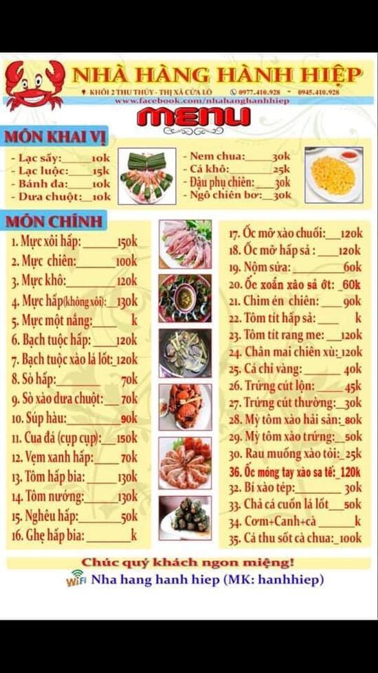 Menu at Nhà Hàng Hành Hiệp restaurant, Cua Lo