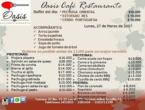Menu at El Oasis restaurant, Barranquilla