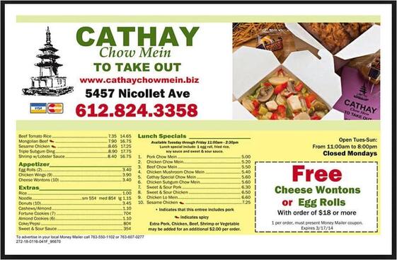 Menu at Cathay Chow Mein restaurant, Minneapolis