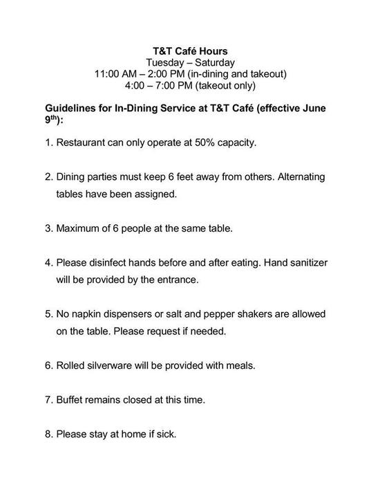 Menu at T & T Cafe, Wadena