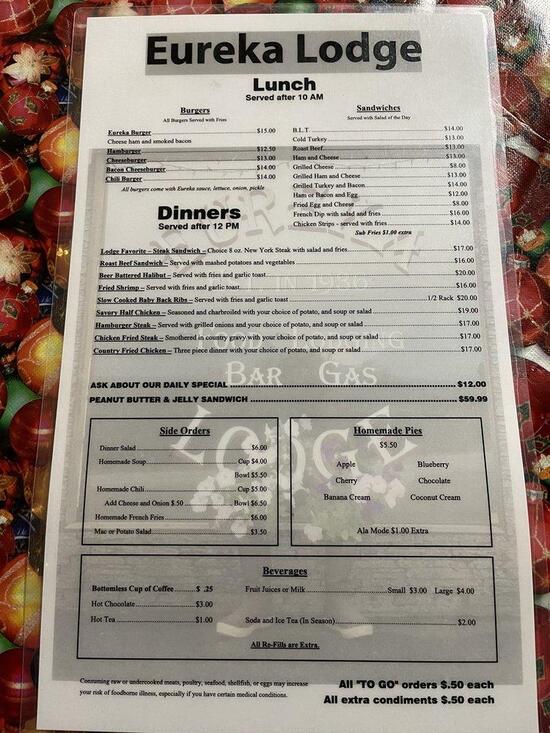 Menu at Eureka Lodge restaurant, Glacier View