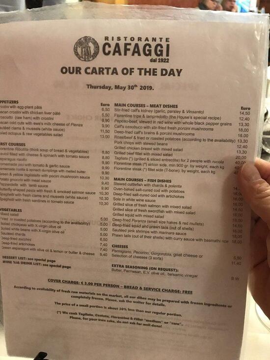Menu at Ristorante Cafaggi, Florence