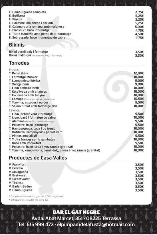 Carta de Bar Gat Negre, Tarrasa