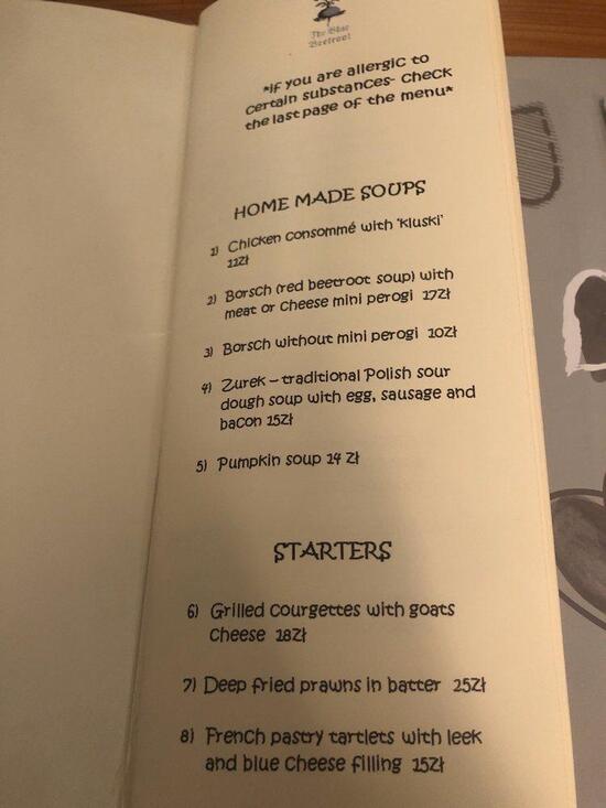 Menu at The Blue Beetroot restaurant, Boleslawiec