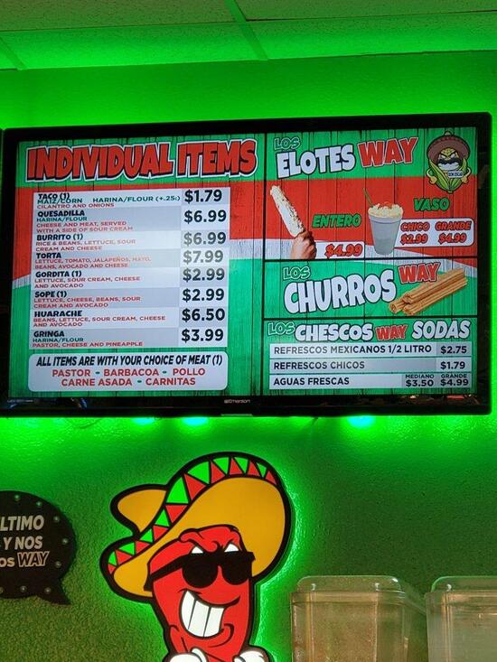 Menu at Los Tacos Way restaurant, Arlington