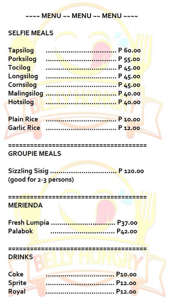 Menu at Belly Hungry restaurant, Mandaluyong