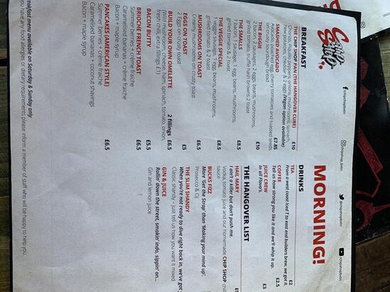 Menu at Chip Shop restaurant, London, 378 Coldharbour Ln