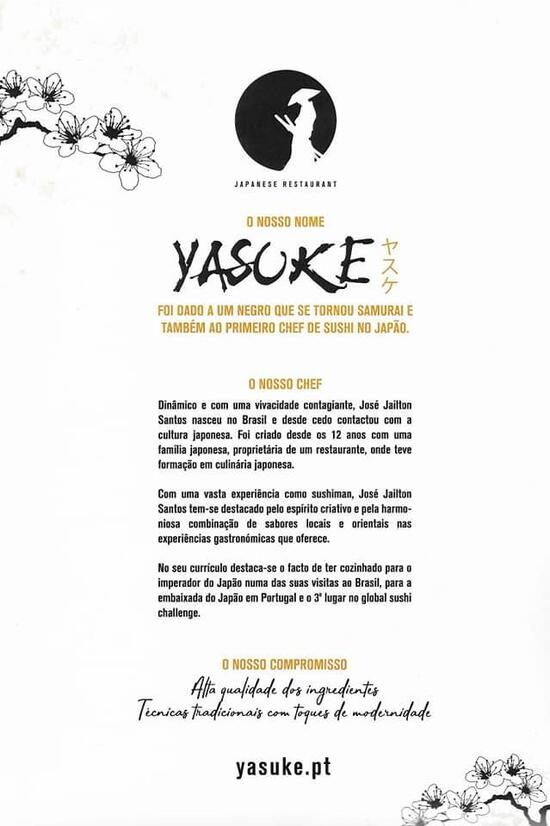 Menu at Yasuke restaurant, Caldas da Rainha