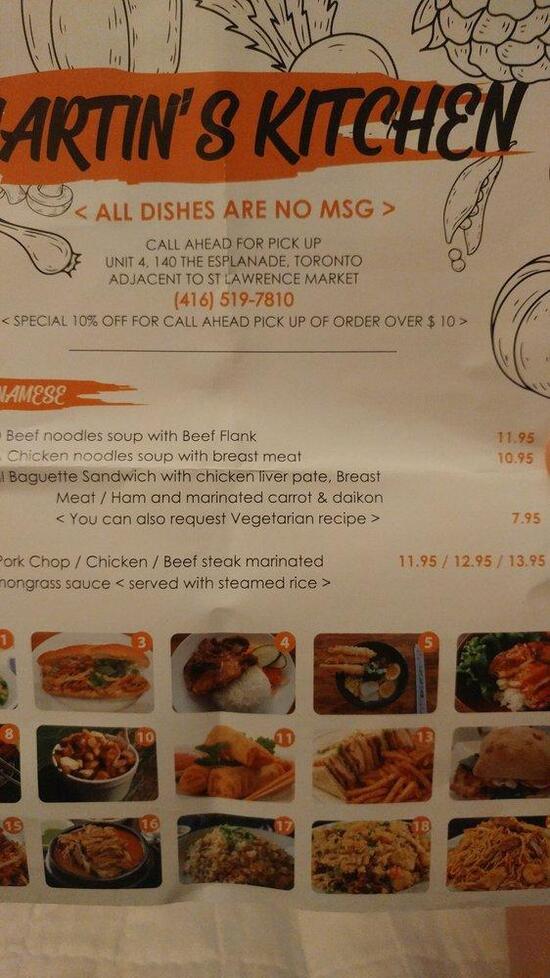 Menu at Martin's Kitchen restaurant, Toronto