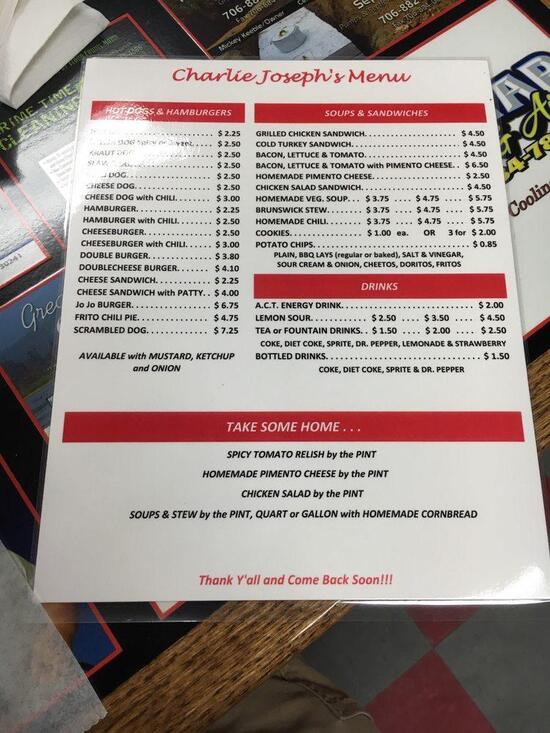 Menu at Charlie Joseph's restaurant, LaGrange, W Point Rd