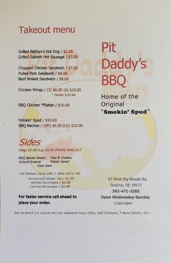 Menu at Pit Daddy's BBQ, Smyrna