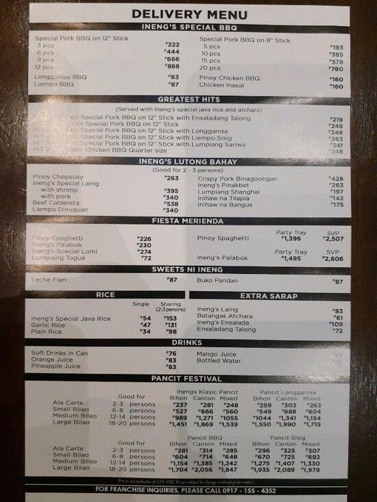 Menu at Ineng's Special BBQ, Quezon City, Wilcon City Center