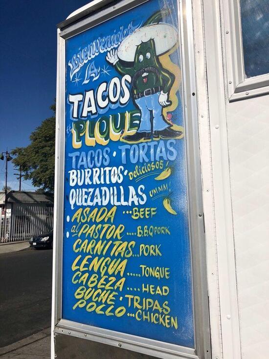 Menu at El Pique Taco Truck restaurant, Los Angeles, York Blvd