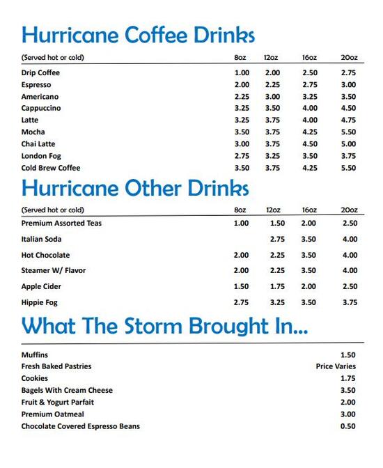 Menu at Hurricane Coffee Company cafe, Summerville