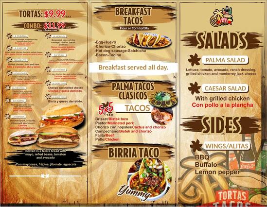 Menu at TACOS TORTAS PALMA restaurant, Sealy
