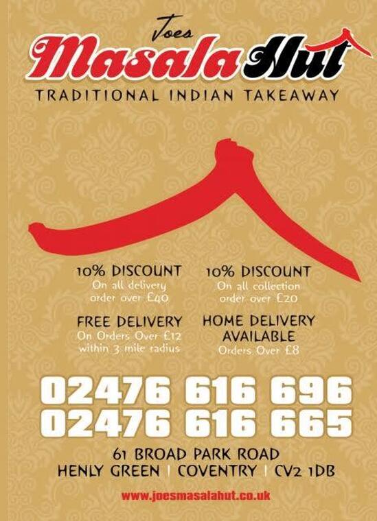 Menu at Joes Masala Hut restaurant, Coventry