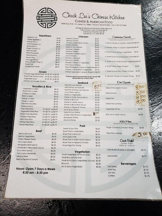Menu at Chuck Lee's Chinese kitchen restaurant, Saint James