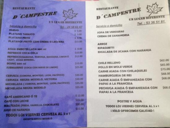 Menu at D'Campestre restaurant, Mexico City