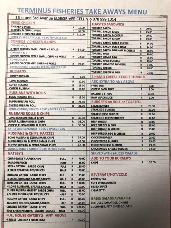 Menu at Terminus Fisheries’s restaurant, Cape Town