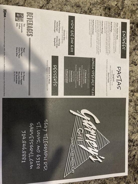 Menu at Garvey's Grill pub & bar, Oakville
