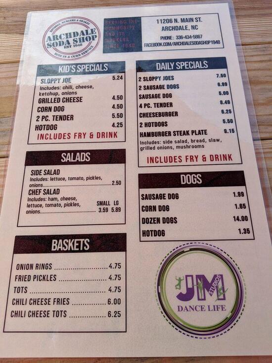 Menu at Archdale Soda Shop restaurant, Archdale