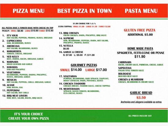 Menu at It's Your Pizza restaurant, Eaglehawk