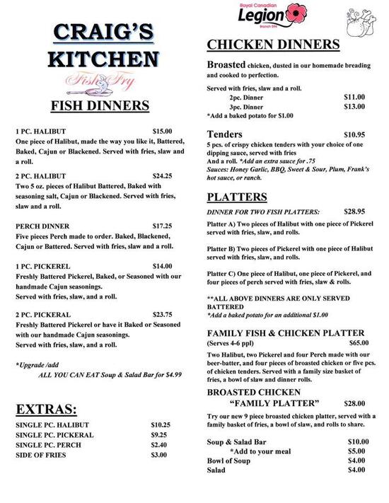 Menu at Royal Canadian Legion Branch 594, Windsor