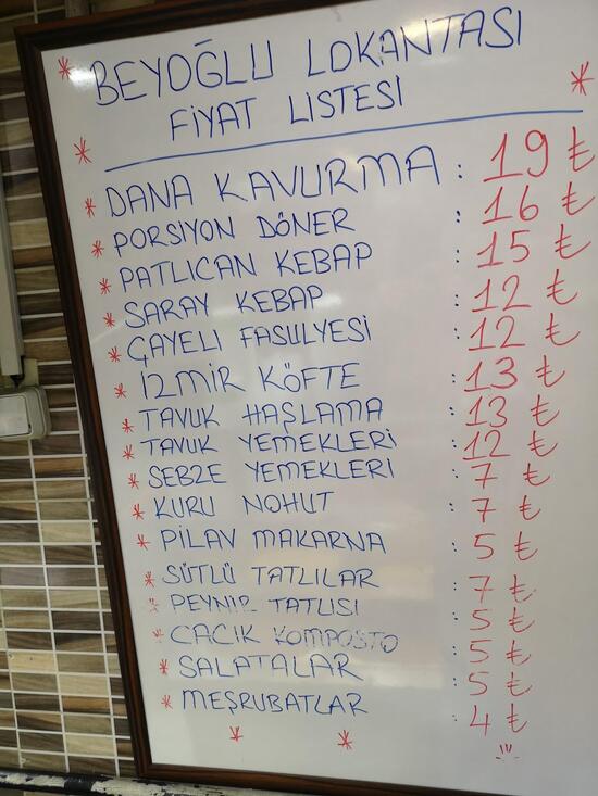 Menu at Çorbacı Beyoğlu Lokantası, Turkey