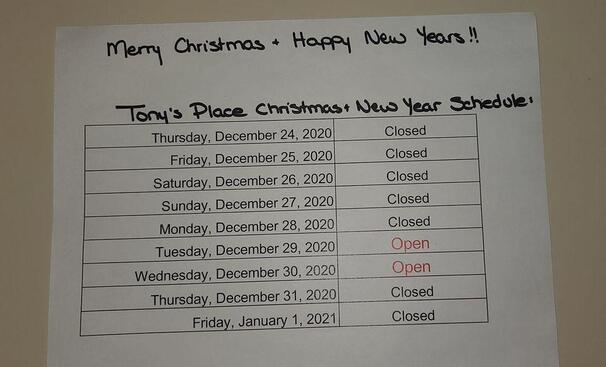 Menu at Tony's Place restaurant, Churchbridge