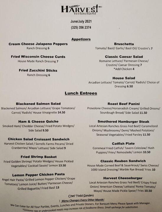 Menu at Harvest Restaurant, Comanche