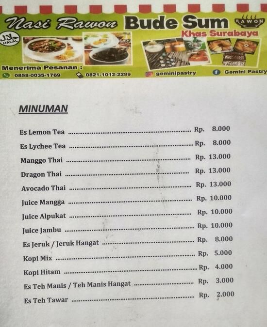 Menu at Rawon Bude Sum restaurant, North Jakarta