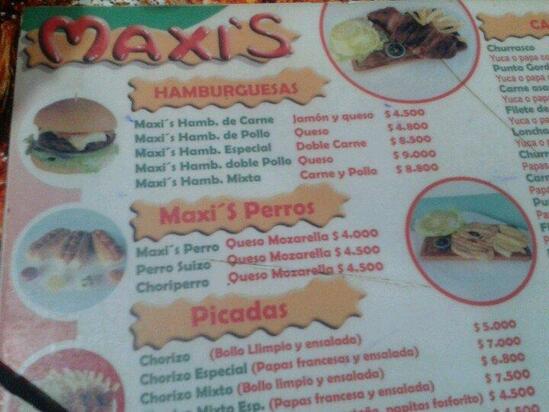 Menu at Maxi's BBQ, Cartagena