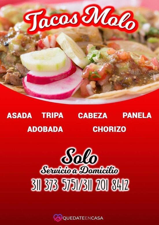 Menu at Tacos Molo restaurant, Tepic