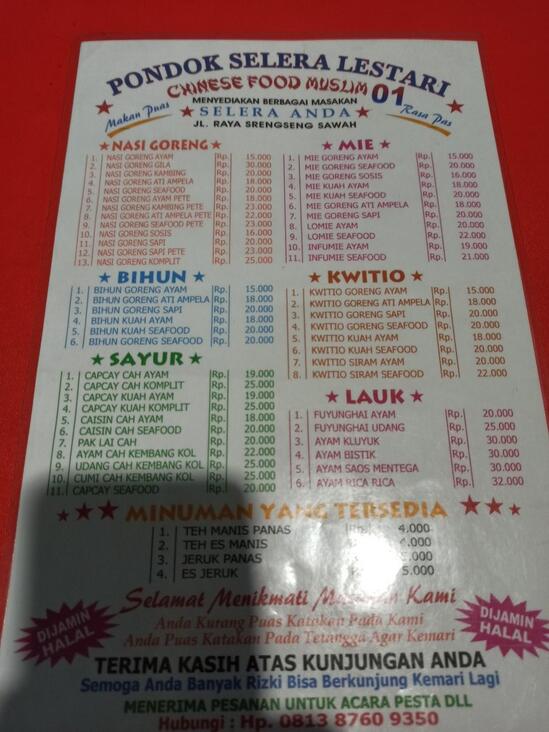 Menu at Pondok Selera Lestari 01 restaurant, South Jakarta, Jl. Srengseng Sawah No.8A