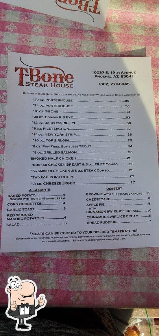 Menu at T-Bone Steak House steakhouse, Phoenix