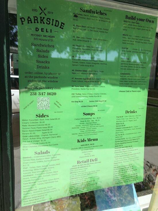 Carta del café Parkside Deli, Petoskey