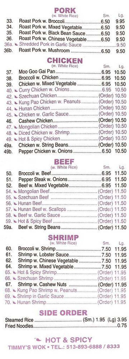 Menu at Timmy's Wok restaurant, Hamilton
