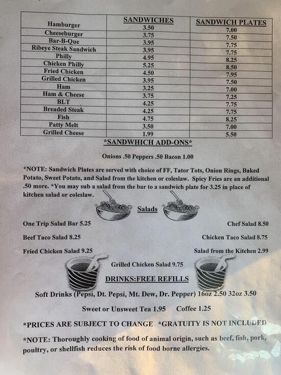 Menu at Stanford's fast food, Amory