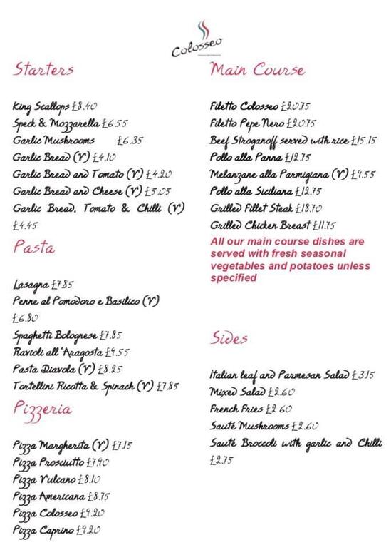 Menu at Colosseo restaurant, Scunthorpe