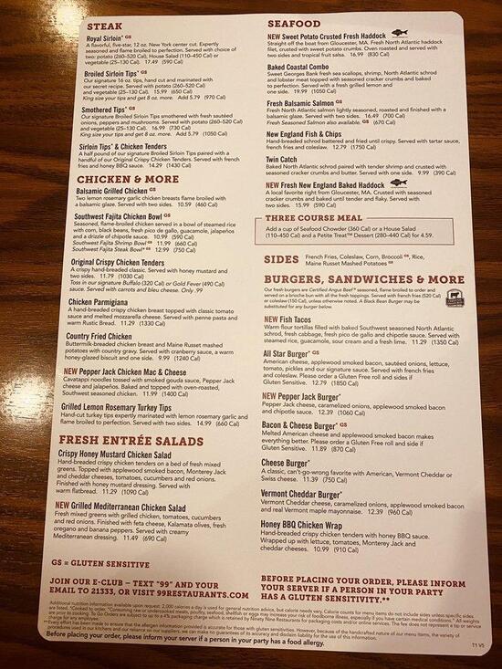 Menu at 99 Restaurants, Brattleboro